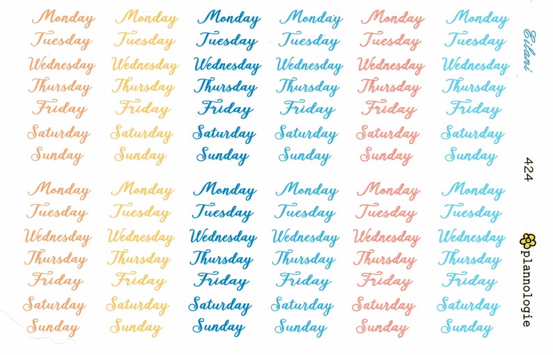Days of the Week Planner Stickers 17 Color Palettes | Etsy
