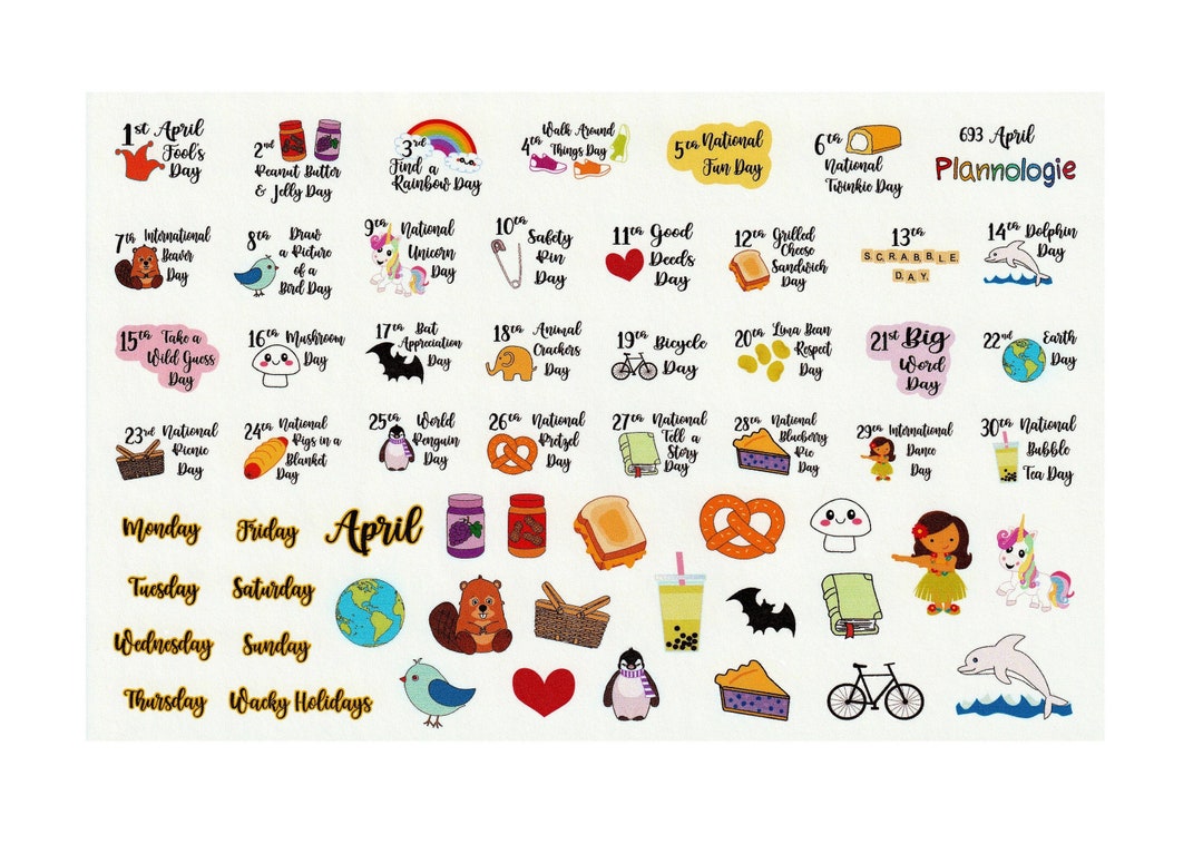 APRIL Wacky Holidays Planner Stickers - Calendar Stickers - Celebrate ...