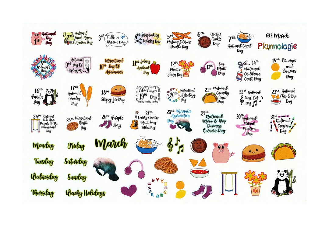 MARCH Wacky Holidays Planner Stickers - Calendar Stickers - Celebrate ...