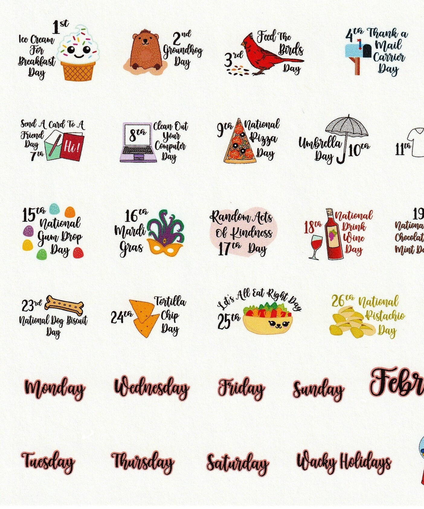FEBRUARY Wacky Holidays Planner Stickers Calendar Stickers - Etsy