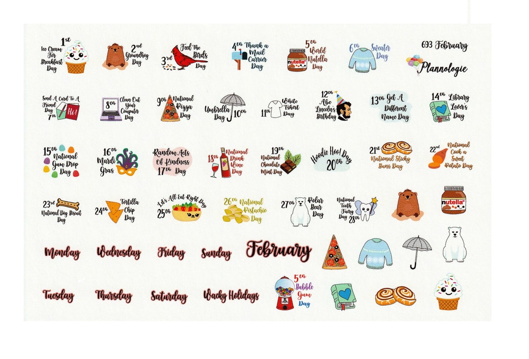 FEBRUARY Wacky Holidays Planner Stickers - Calendar Stickers ...