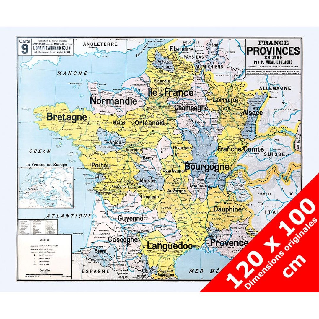 Carte Vidal Lablache 9 - FRANCE PROVINCES EN 1789 - 120 X 100 Cm ...