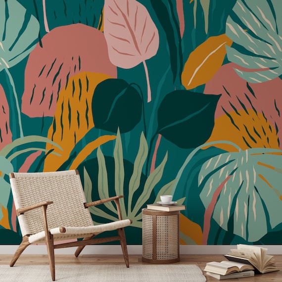 Abstract Tropical Mural Wallpaper Removable Wallpaper Self - Etsy
