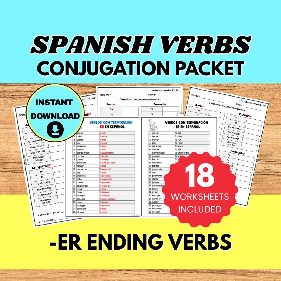 Spanish -ER Ending Verbs Worksheets | Present, Preterite & Future Tense ...