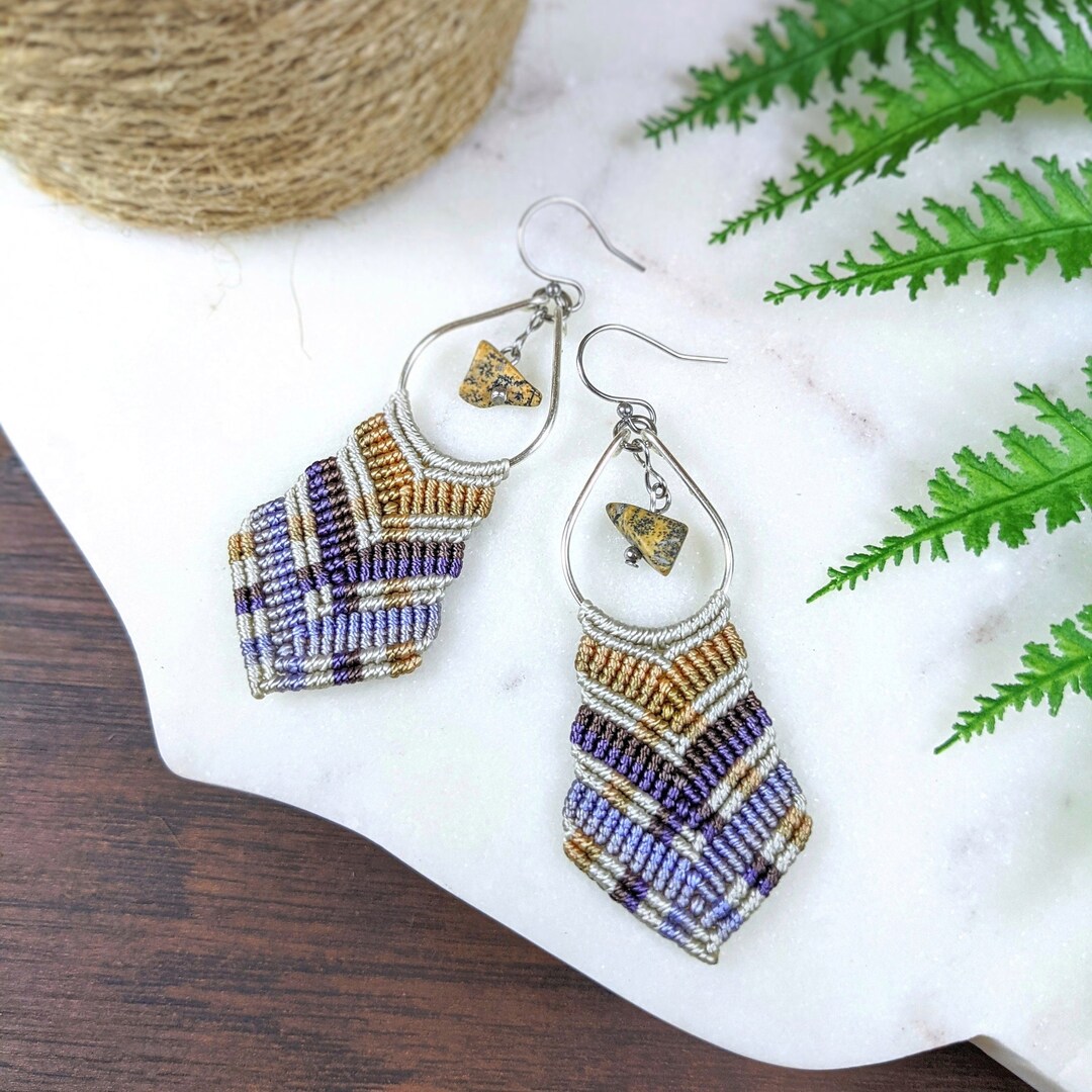 Jasper Chip Macrame Earrings, Boho Woven Dangles - Etsy