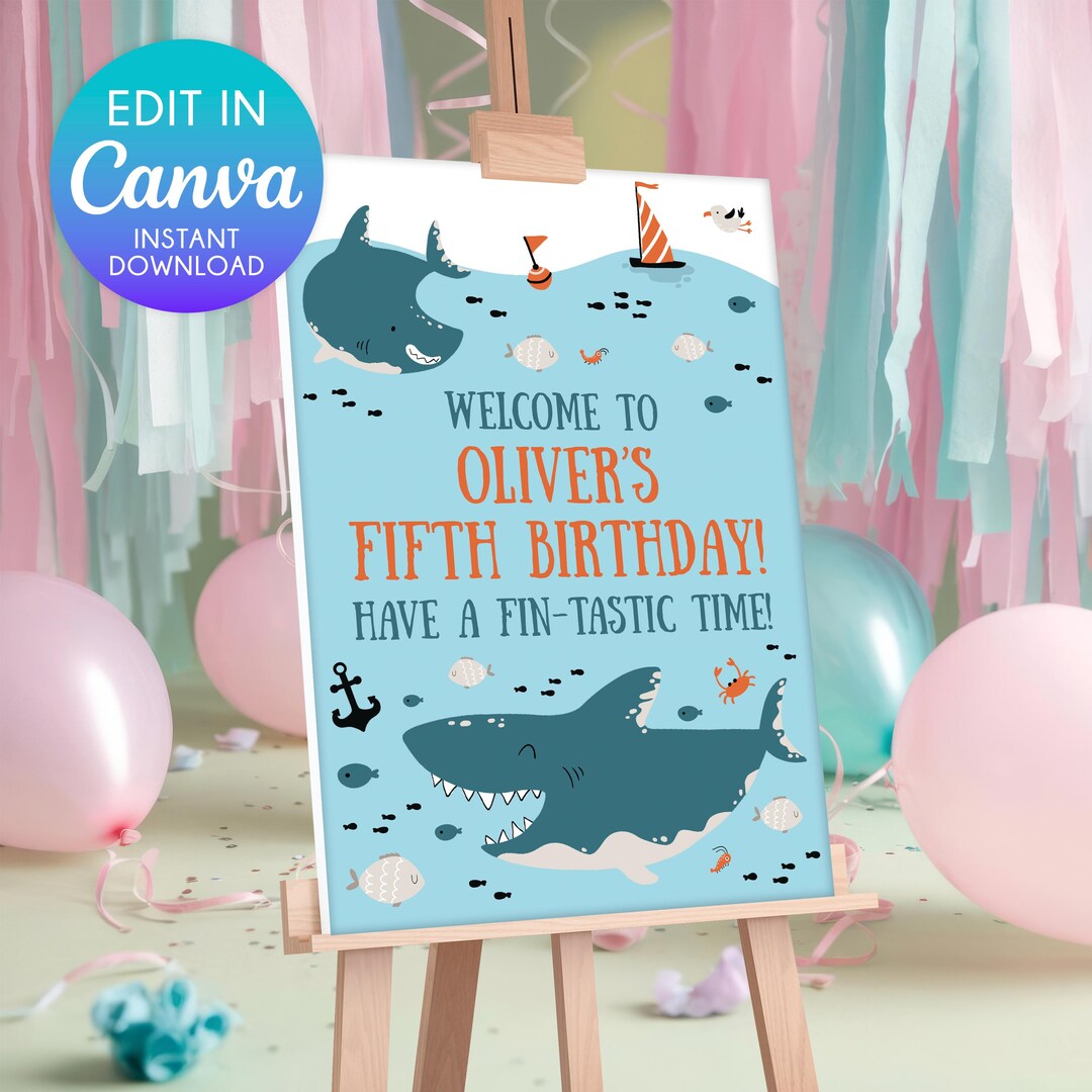 Editable Shark Birthday Welcome Sign Digital Download, Shark Party Sign ...