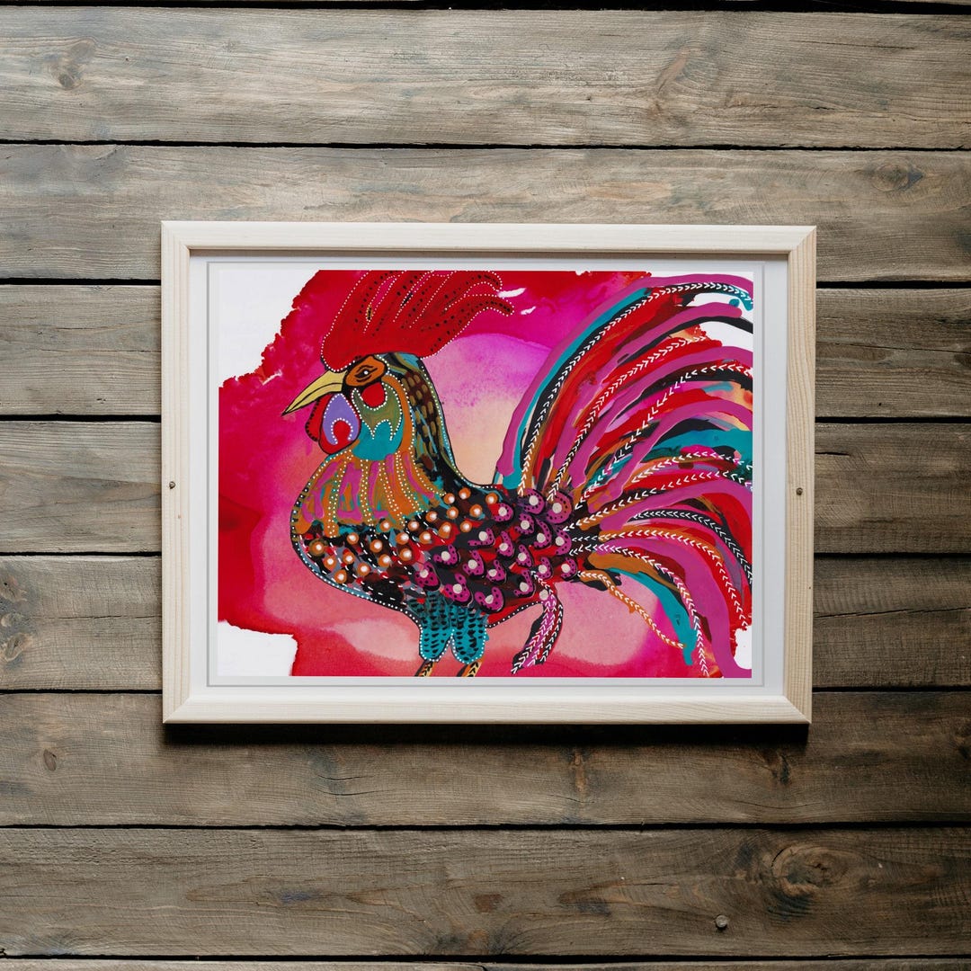 Fiesta Chickens Art Print, Road Island Red, Rooster Painting, Bird ...