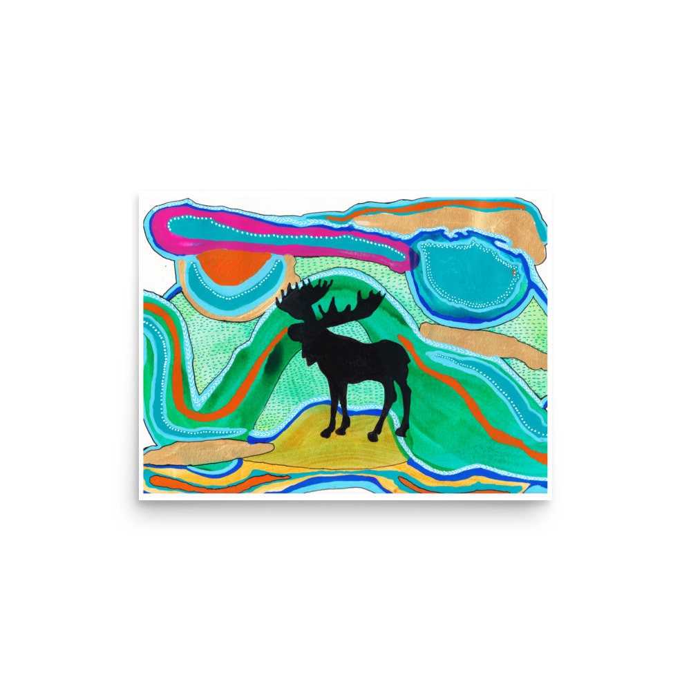 Green Psychedelic Moose Silhouette Art Print, Cabin Wall Decor, Mixed ...