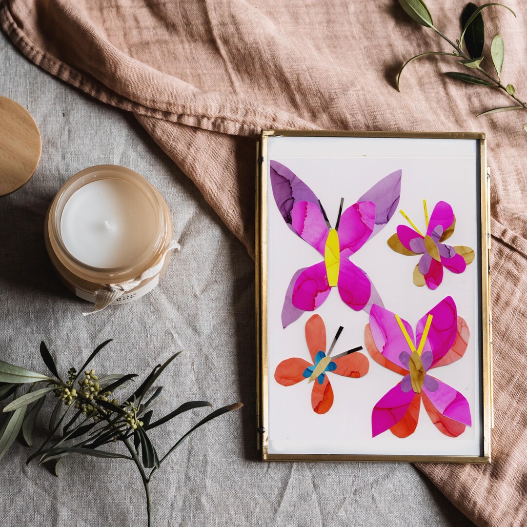 Pink Butterfly Art Print, Butterflies Collage Painting, Insect Artwork ...