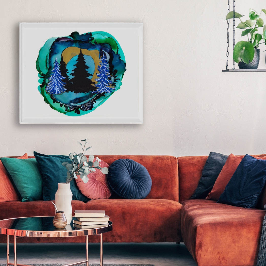 Nordic Pines Trees Surreal Art Print, Mixed Media Artwork, Abstract ...