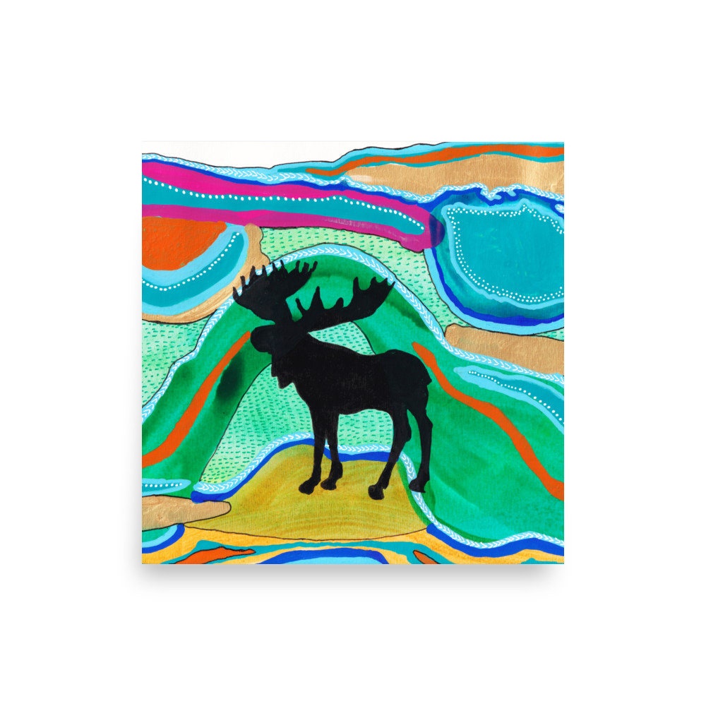 Green Psychedelic Moose Silhouette Art Print, Cabin Wall Decor, Mixed ...