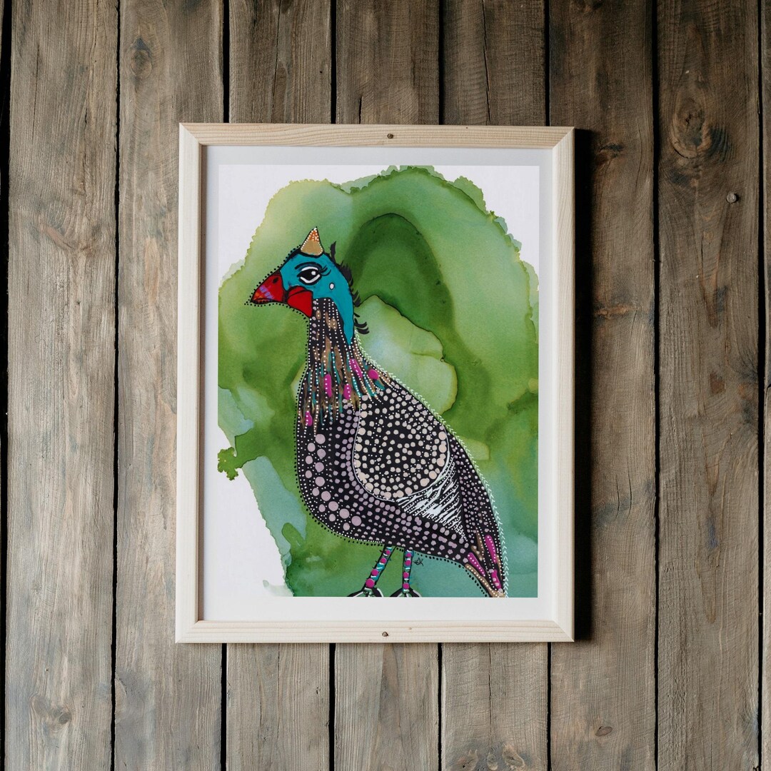 Fiesta Guinea Fowl Hen Art Print, Bird Painting With Green Background ...