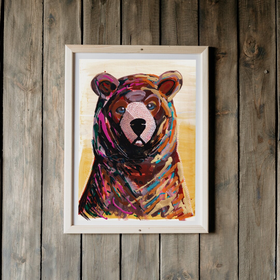 Amber Bear Wildlife Portrait Art Print, Animal Impressionism Painting ...