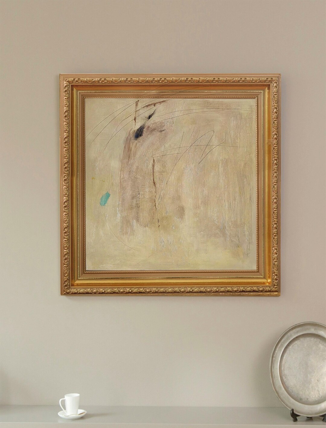 Oil Ivory Yellow Abstract Canvas Painting in Golden Frame Contemporary ...