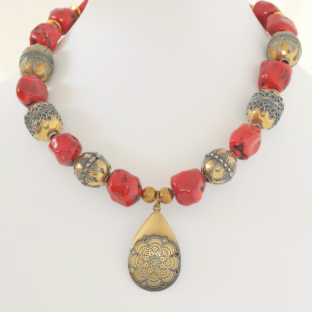 Chinese Red Coral and Antique Brass Necklace With Pendant - Etsy