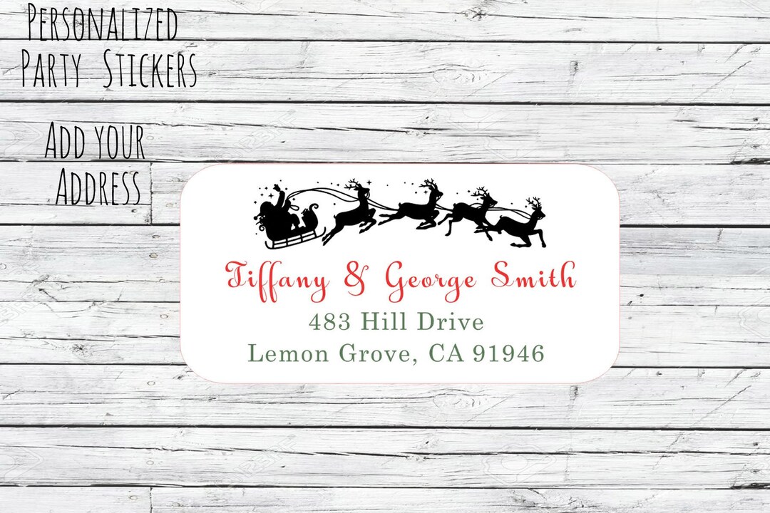 Christmas Return Address Label Red Address Label Flying Santa in Sleigh ...