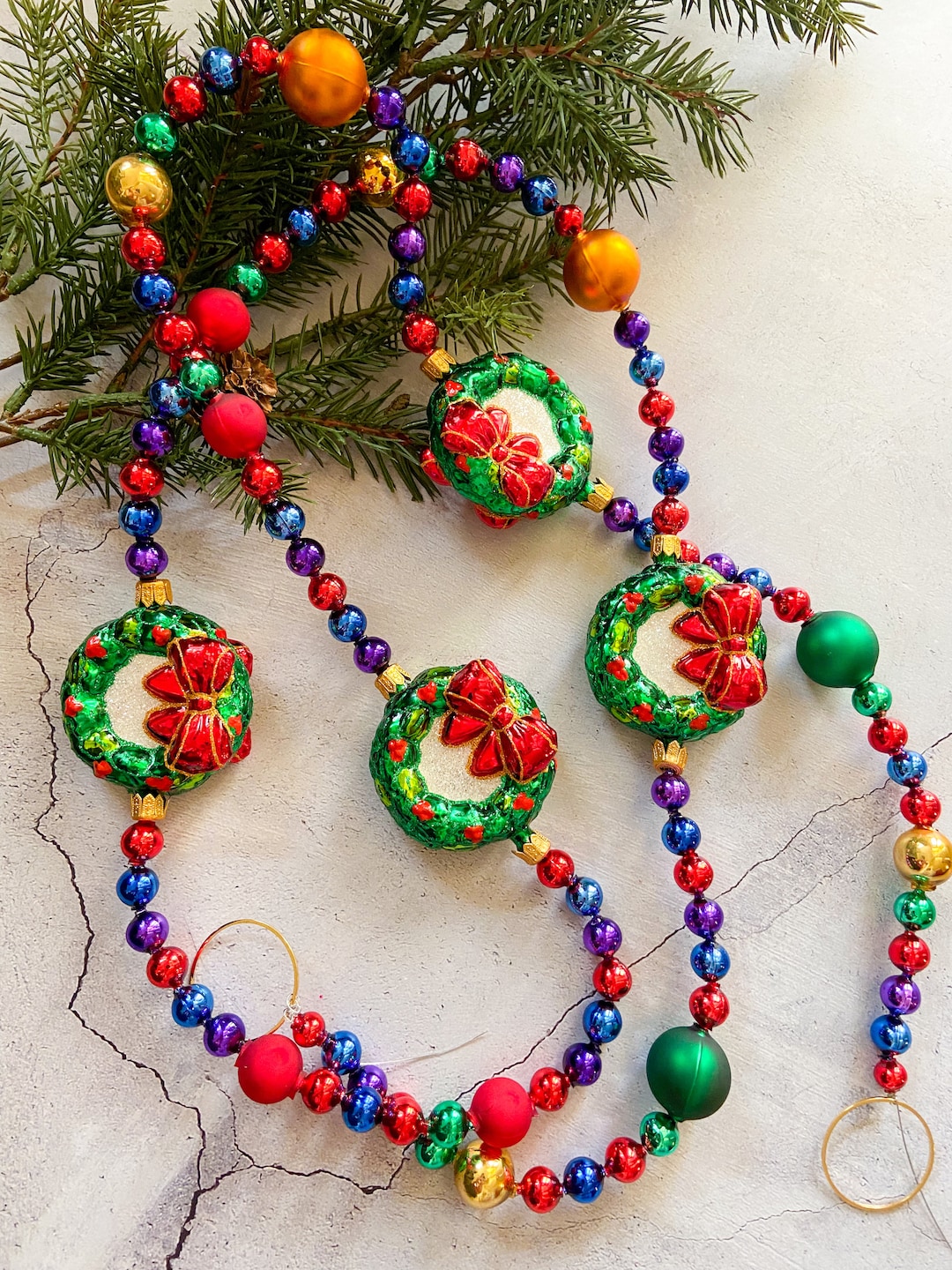 Holiday Wreath Glass Garland - Blown Glass Beads in Assorted Colors ...