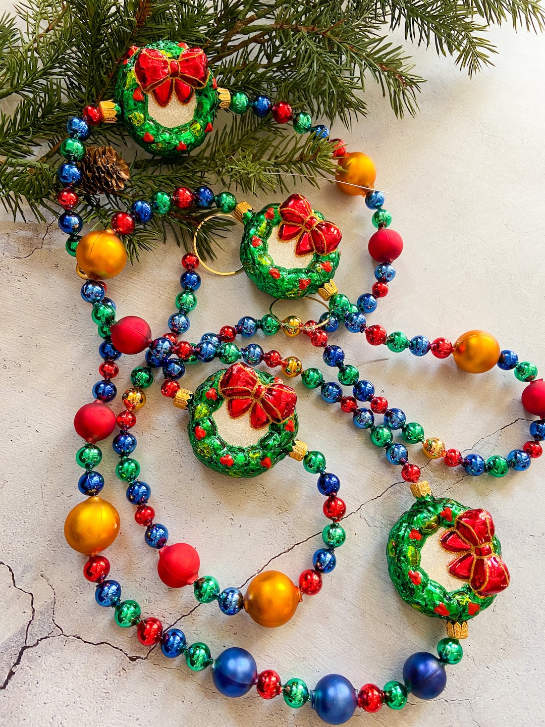 Holiday Wreath Glass Garland Blown Glass Beads in Assorted Colors ...