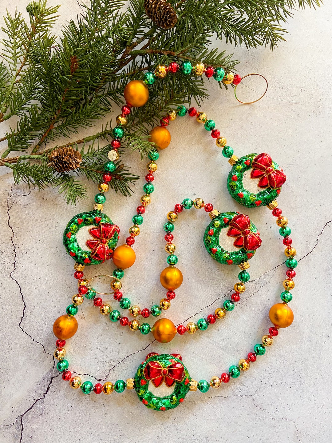Holiday Red Wreath Glass Garland - Blown Glass Beads in Assorted Colors ...