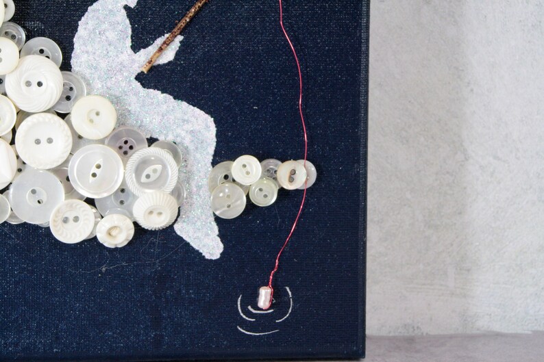 Vintage Button Art: Child Fishing on Moon, Glitter Detail - Etsy