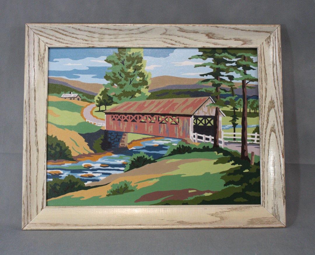 Completed Vintage Paint by Numbers, Covered Bridge Scene, Forest Scene ...