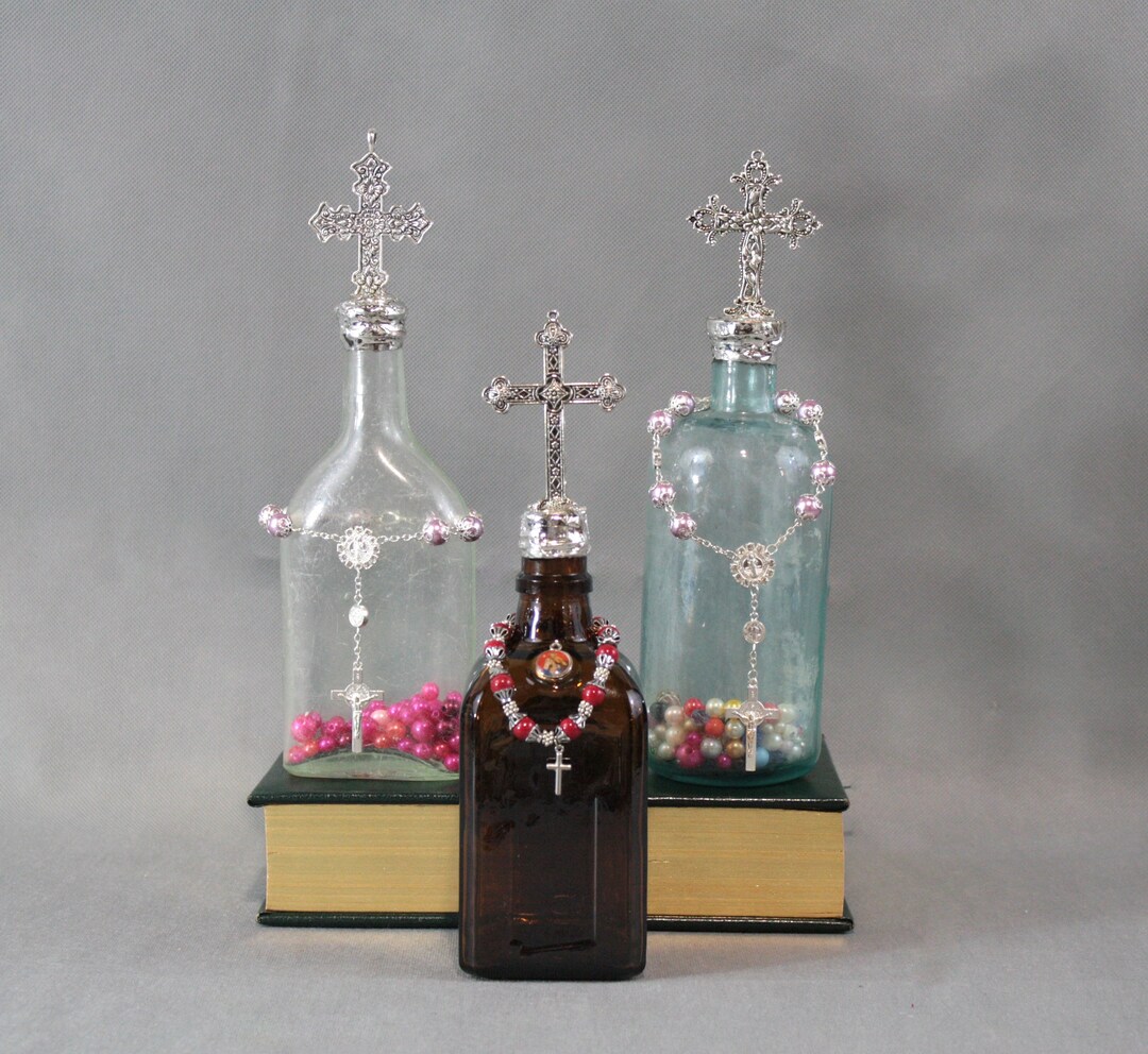 Vintage Pewter Cross Bottle Art: Soldered Glass Bottle With Prayer ...
