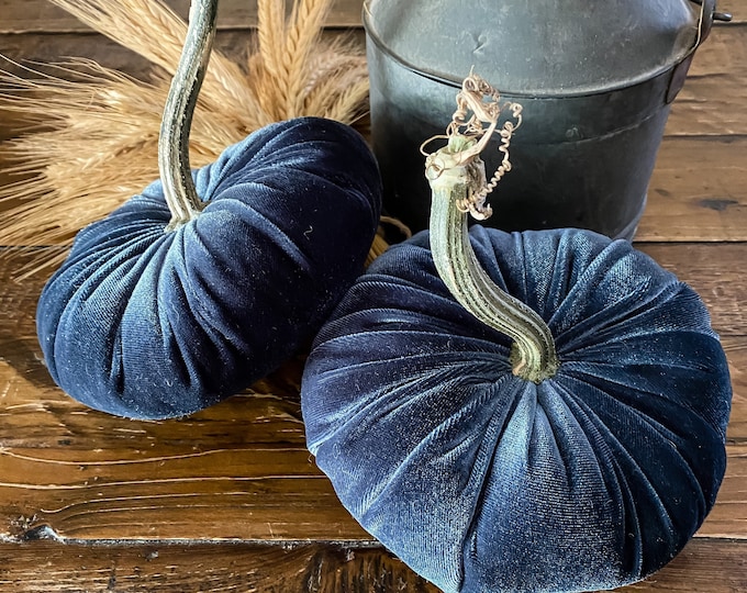 Slate Blue Velvet Stuffed Pumpkins- Fabric Stuffed Pumpkins, Velvet ...
