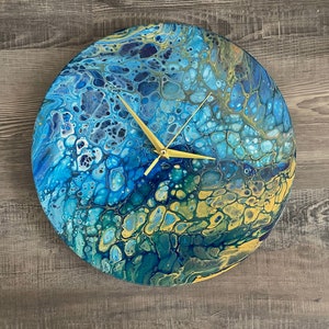 Blue Round Clock, Round Wall Clock, Round Clock, Acrylic Pour Clock ...