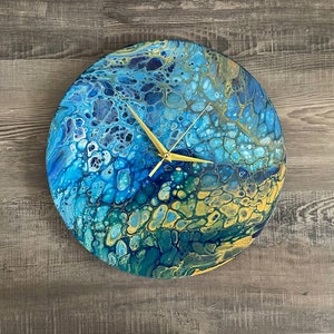Blue Round Clock, Round Wall Clock, Round Clock, Acrylic Pour Clock ...