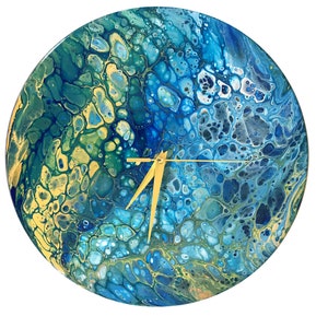 Blue Round Clock, Round Wall Clock, Round Clock, Acrylic Pour Clock ...