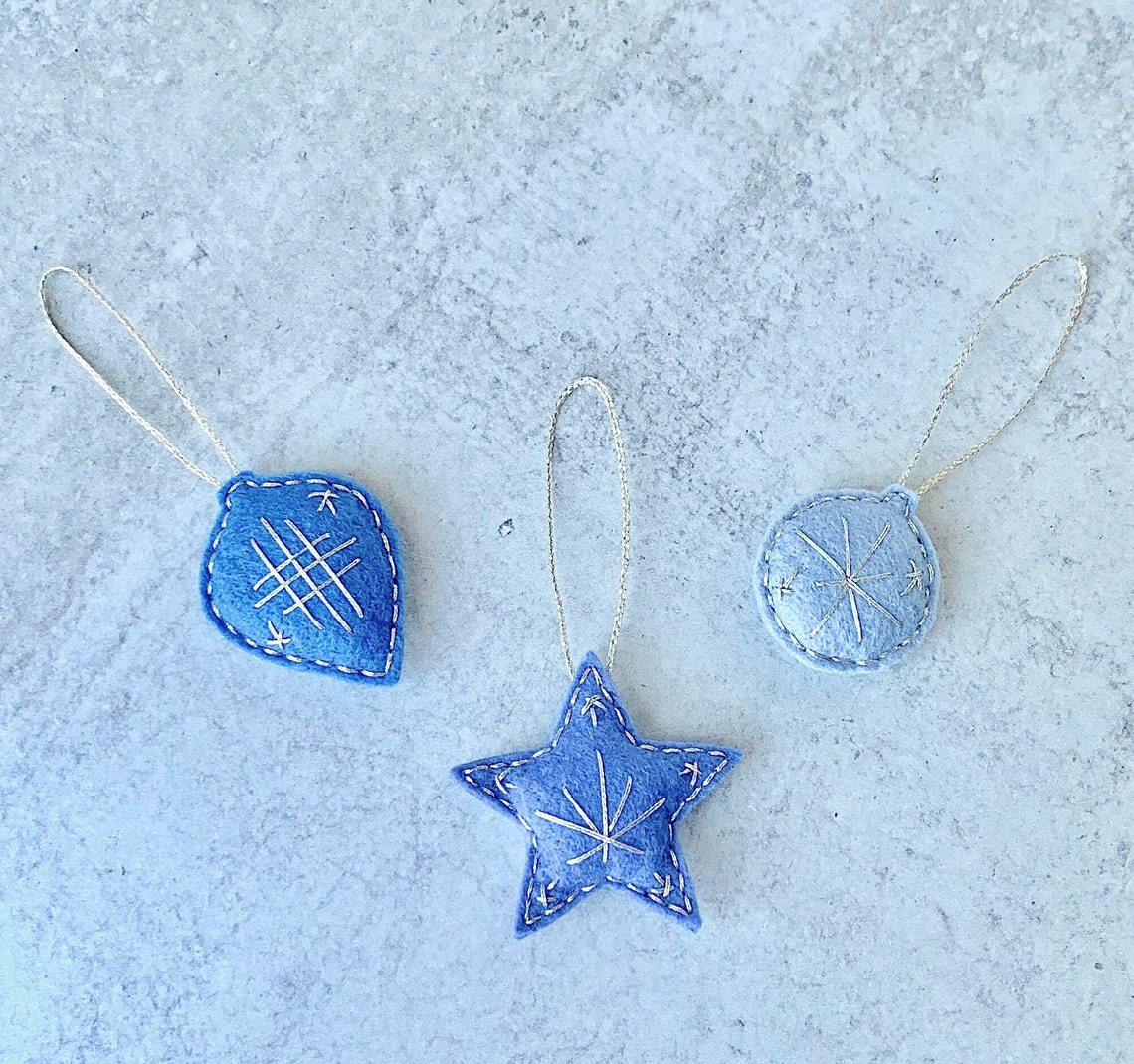 Handmade Felt Christmas Ornaments: Periwinkle & Silver Embroidered Set ...