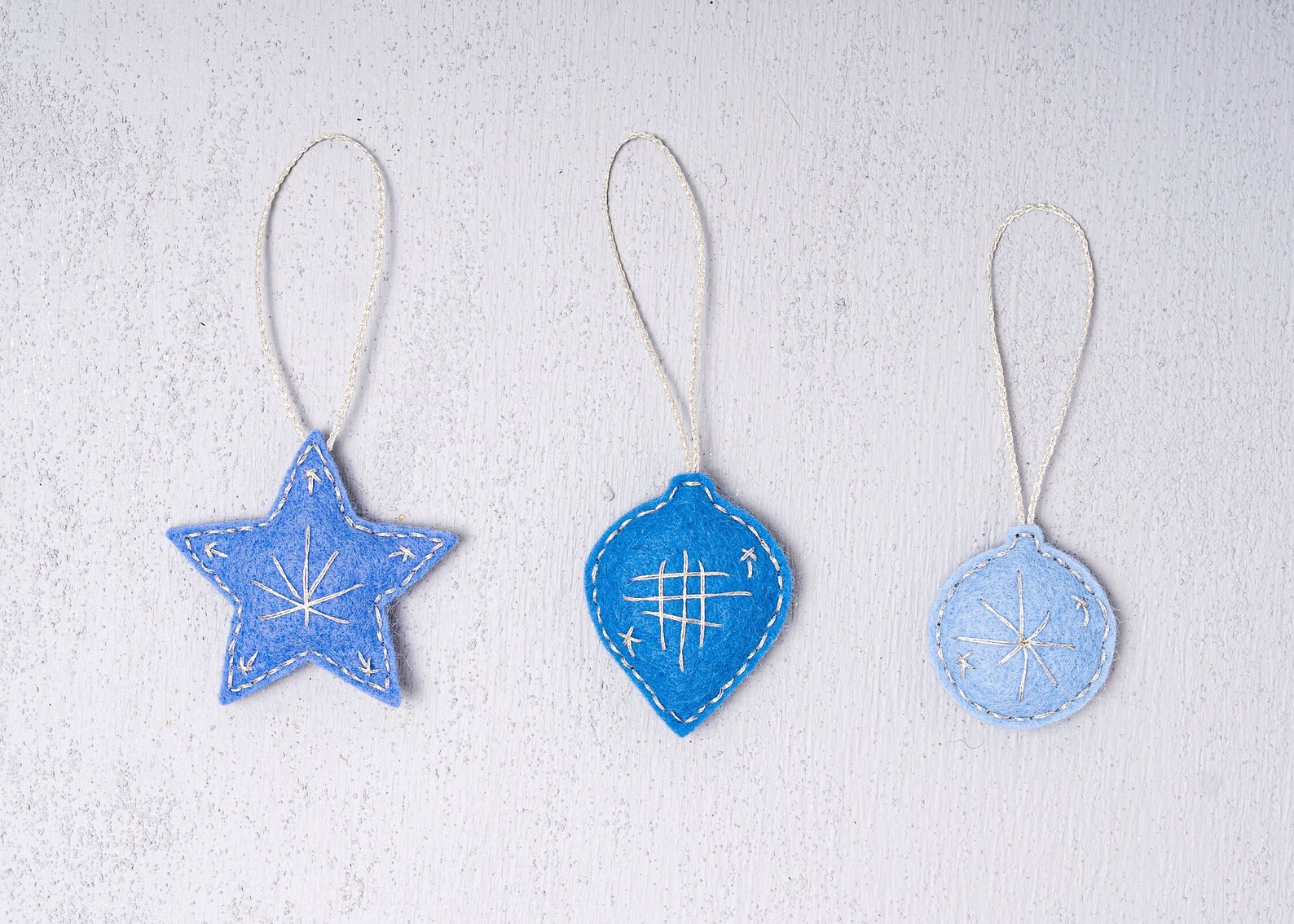 Handmade Felt Christmas Ornaments: Periwinkle & Silver Embroidered Set ...