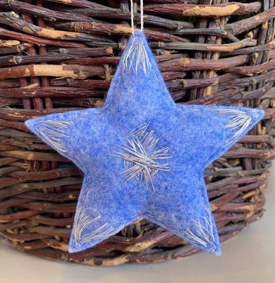 MEDIUM Handmade Embroidered Periwinkle Blue Felt Star Ornament, Silver ...