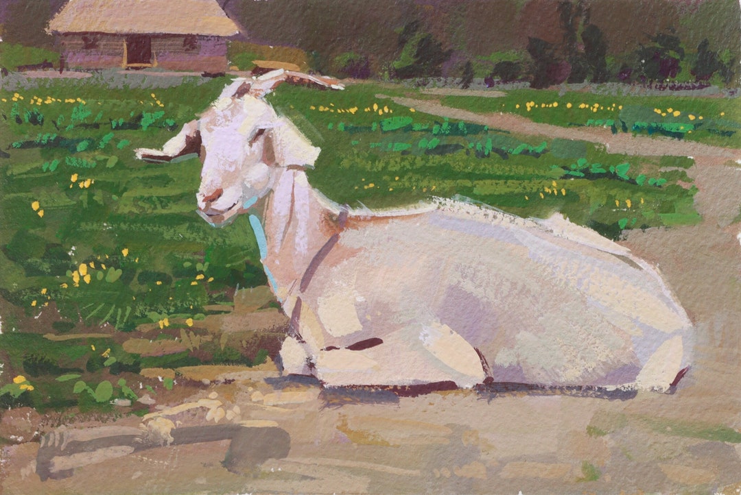 Plein Air, Goat Portrait, Gouache Painting on Panel, Landscape Painting ...