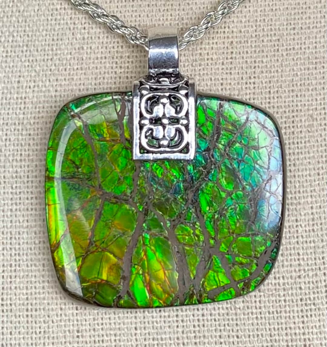 Ammolite Pendant - Hand Polished Green Gem With Natural Curved Surface ...