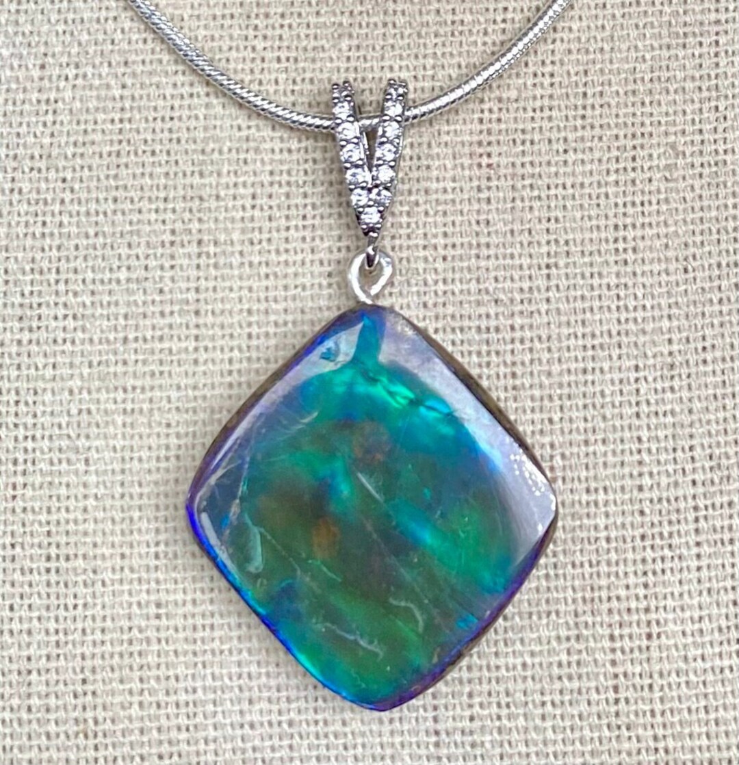 Ammolite Pendant - Dark Green/blue Gem With CZ Accents - MUST Read ...
