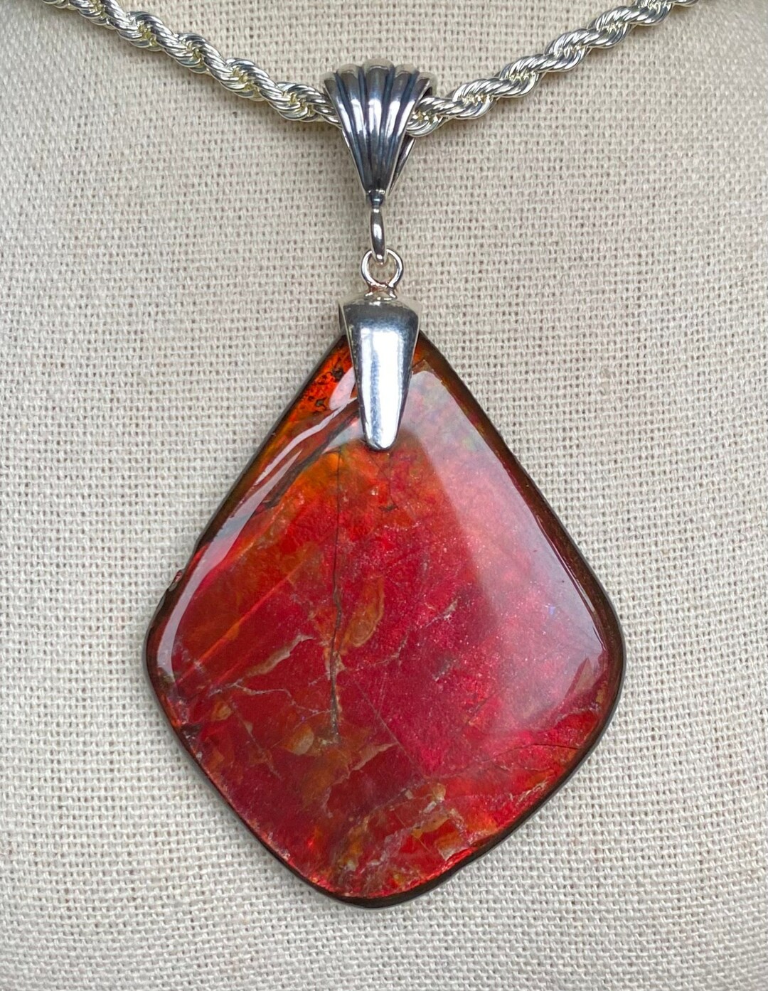 Ammolite Pendant - Large Red Gem - Color Changer! Please Read ...