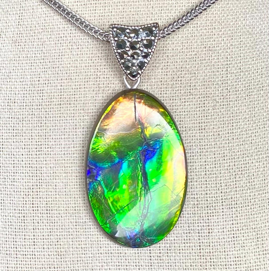 Ammolite Pendant - Lovely Polished Gem With Marcasite Accents! Blue ...