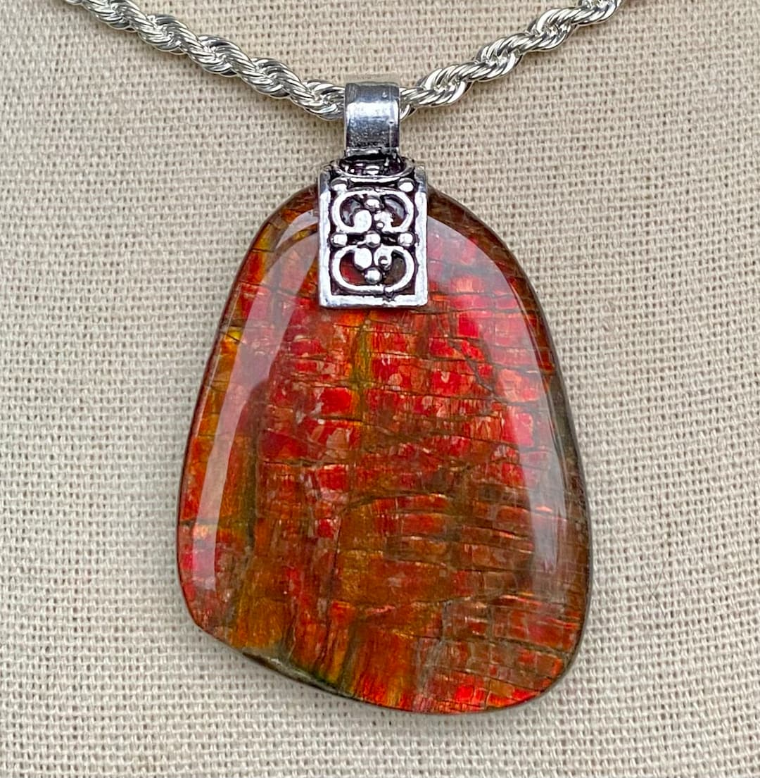Ammolite Pendant - Large Rusty Red Gem! Bail With Silver Overlay - MUST ...