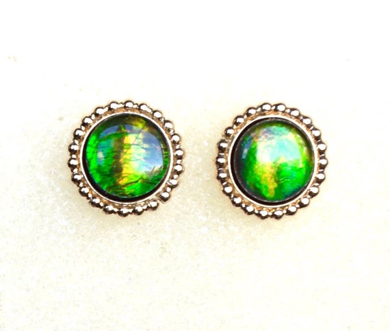Ammolite Stud Earrings Bright Green 8mm Gems in Gold Filled Settings Please Read Description Etsy