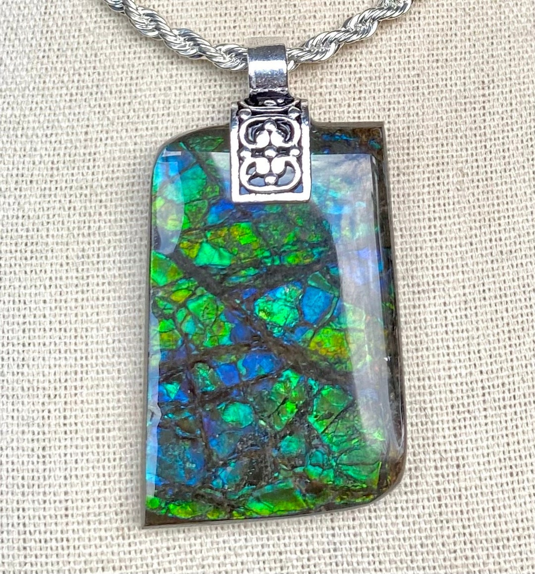 Ammolite Pendant - Large Blue and Green Gem! Bail With Silver Overlay ...