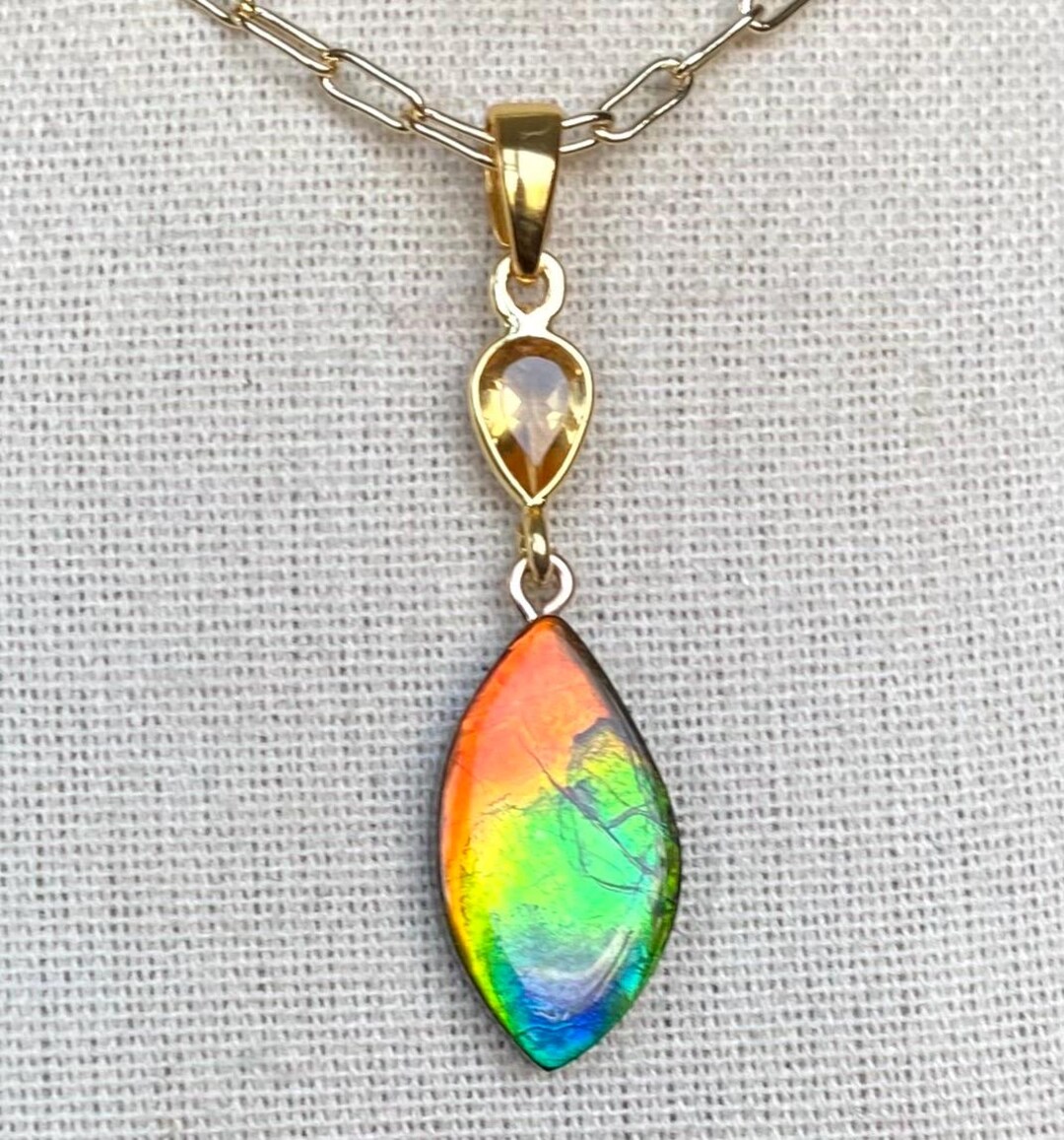 Ammolite Pendant - Bright Multi-color Gem - Citrine Accent - Please ...