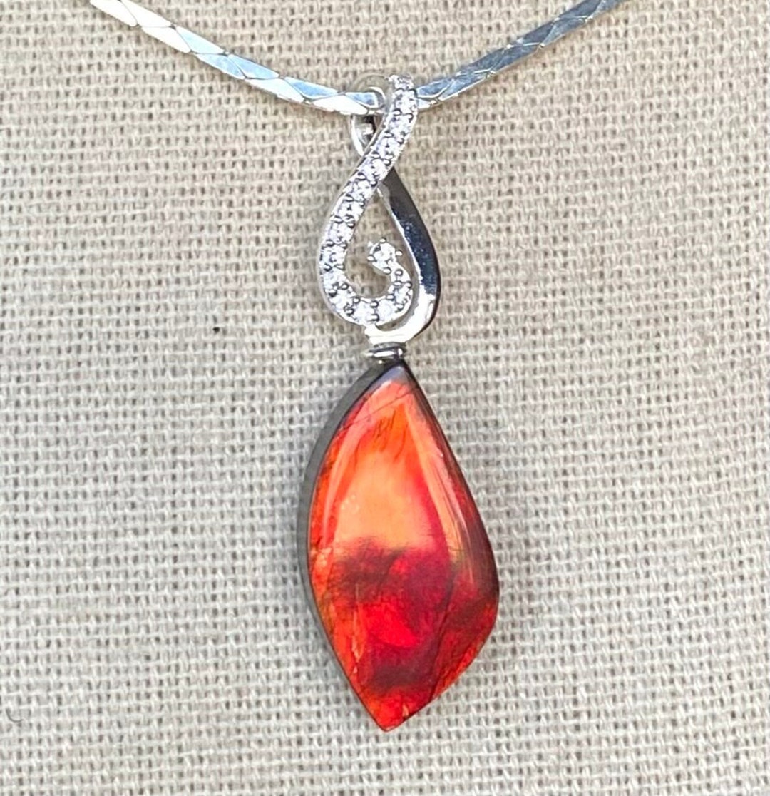 Ammolite Pendant - Bright Red Gem With CZ Accents! Color Changer ...