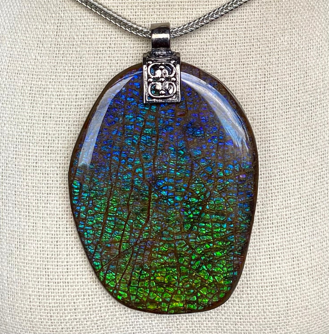 Ammolite Pendant - Huge Dark Blue and Green Gem - Bail With Black ...