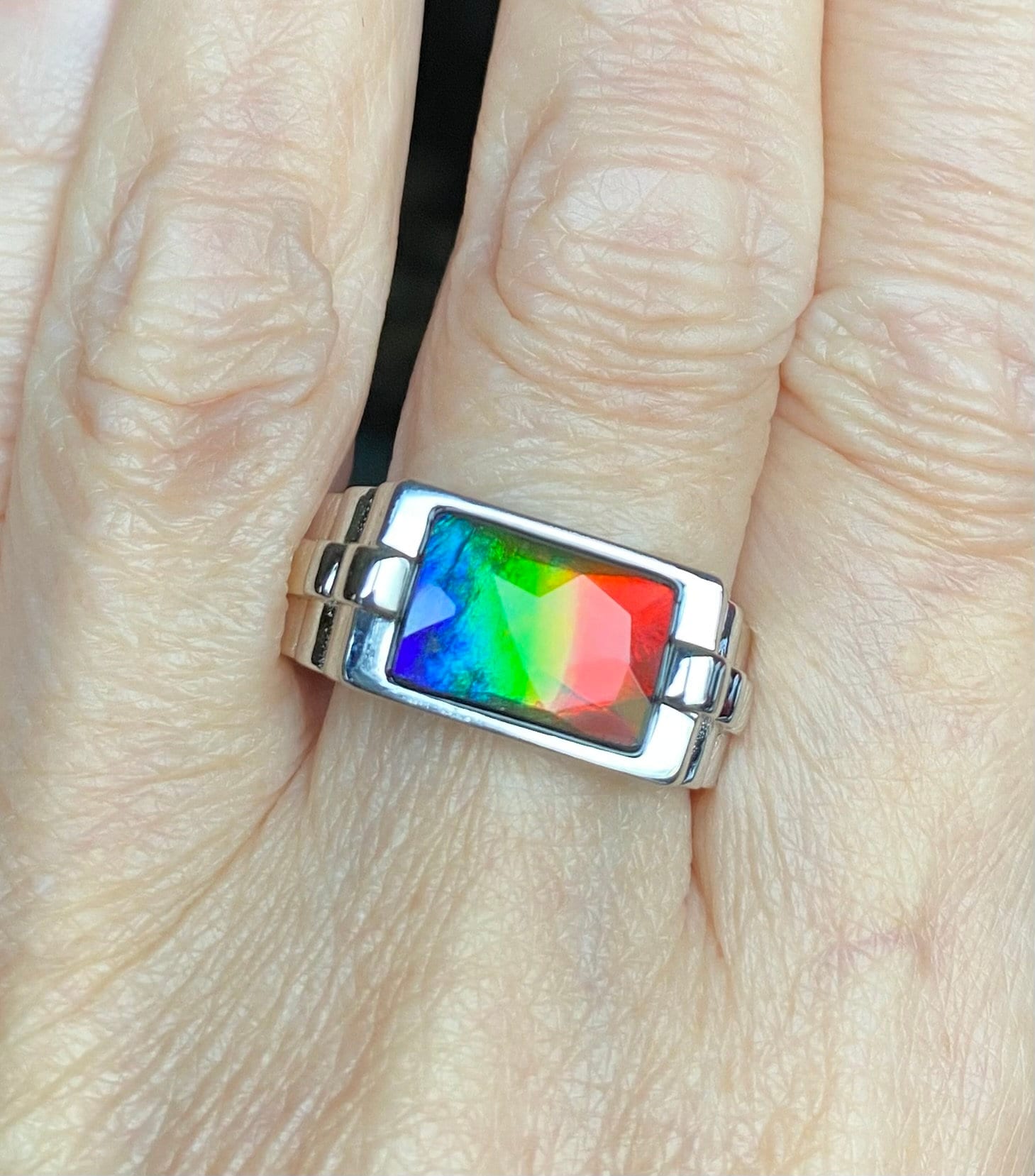 Ammolite Ring - Bright Rainbow Colors! Faceted Gem! Size 11! Nice Grade ...