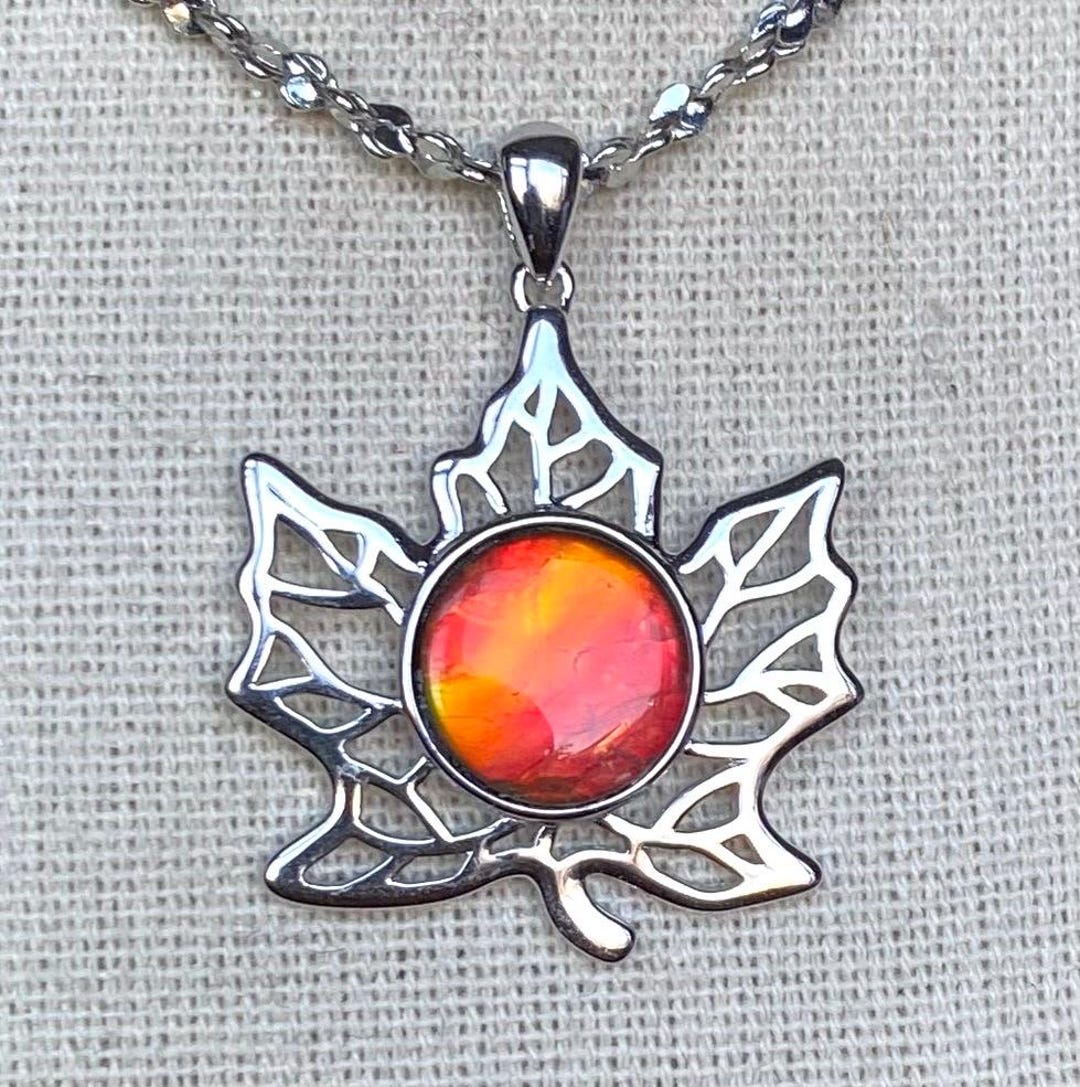 Ammolite Pendant - Bright Flashy Gem - Maple Leaf Design - Color ...