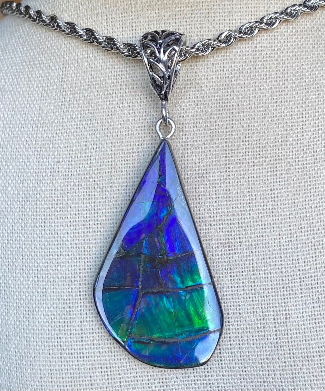 Ammolite Pendant Dark Blue Gem With Some Green and Teal Bail With ...