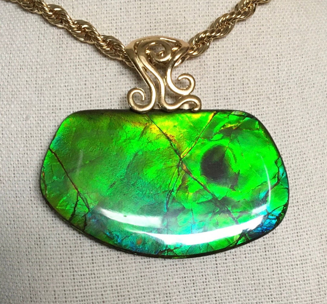 Ammolite Pendant - Large Green Gem With Reverse Horn or Bite Mark ...