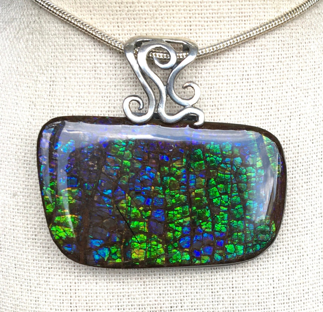 Ammolite Pendant - Very Large Gemstone in Blue and Green Dragonskin ...