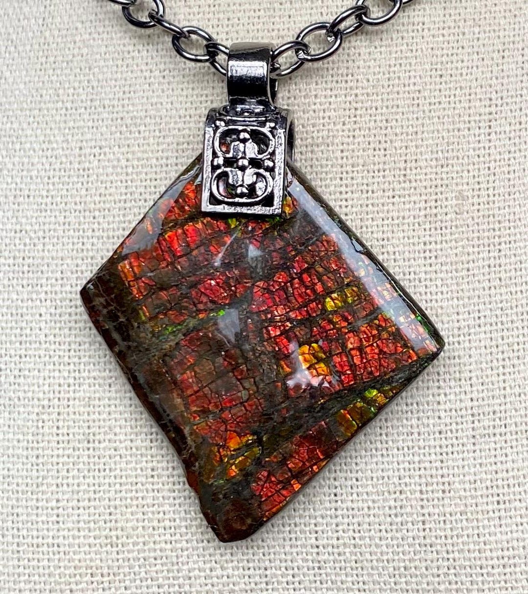 Ammolite Pendant - Deep Red Gem - Bail With Black Rhodium Overlay ...